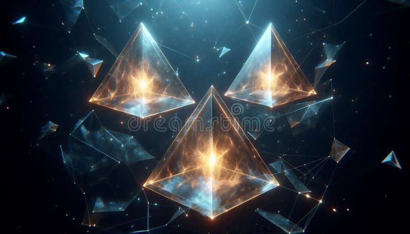 Floating Triangular Prisms with Internal Glowing Cores, Suspended in ...