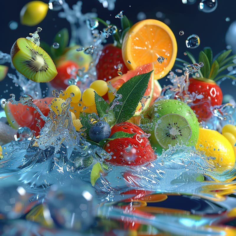 Floating Tropical Fruit Medley on Water, Hyper Detailed Drawing with ...