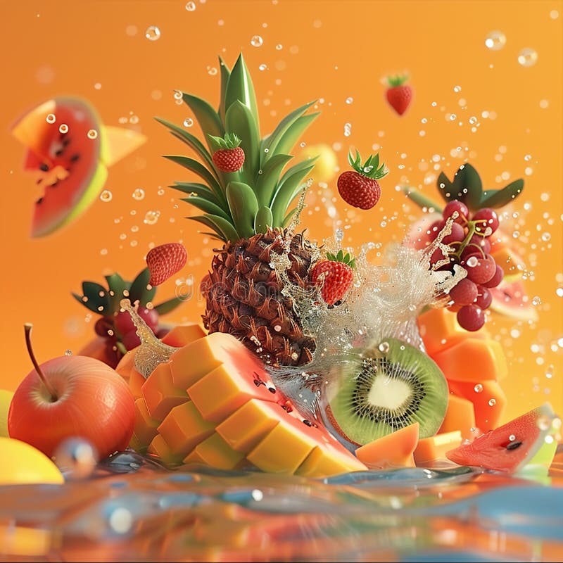 Floating Tropical Fruit Medley on Water, Hyper Detailed Drawing with ...