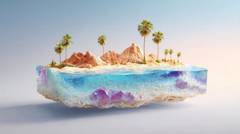 Floating Tropical Island with Palm Trees in a 3d Surreal Ocean Cube ...