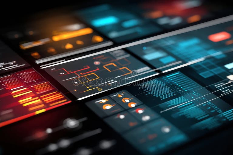 Floating UI Elements on a Touchscreen Device Display Glowing Digital Interfaces in a Dark ...