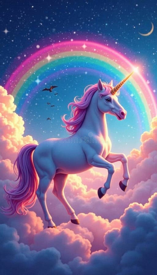 Floating Unicorn, Rainbow Mane, Fluffy Clouds, Starry Night, Arc Rainbow, Magical, Mythical ...