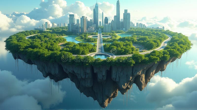 Floating Utopia: Futuristic Green City in the Sky Stock Illustration ...
