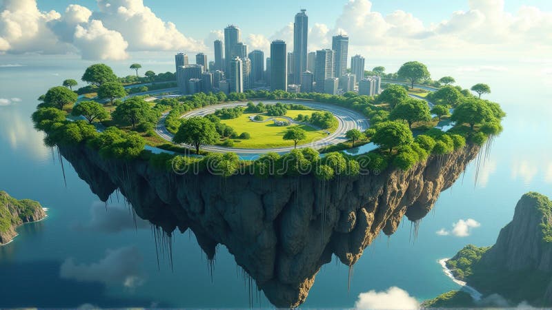 Floating Utopia: Futuristic Green City in the Sky Stock Illustration ...