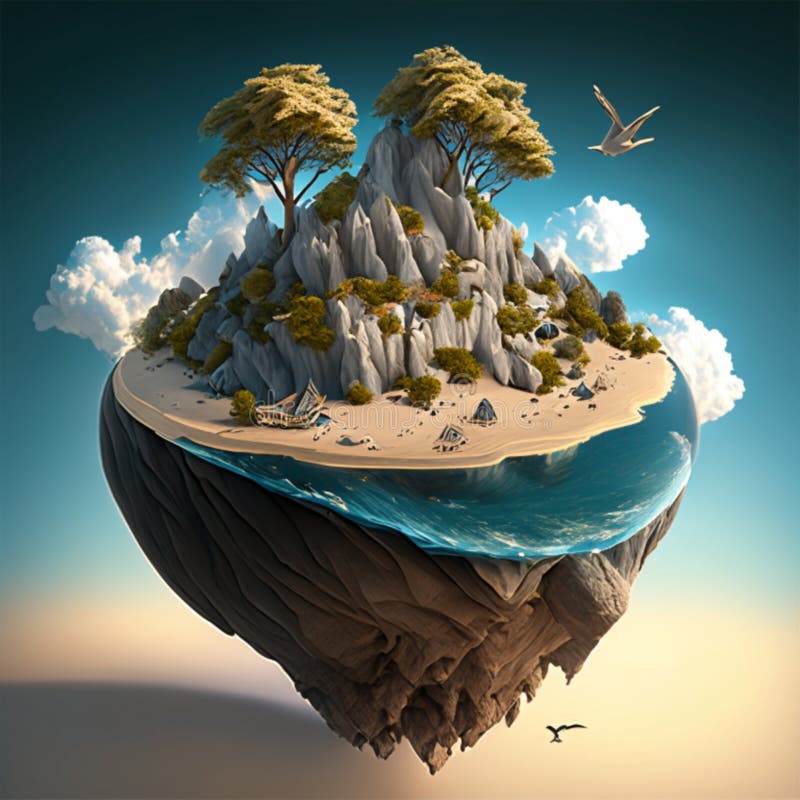 Floating Utopia: Hyperrealistic Illustration of Tranquil Island Stock ...