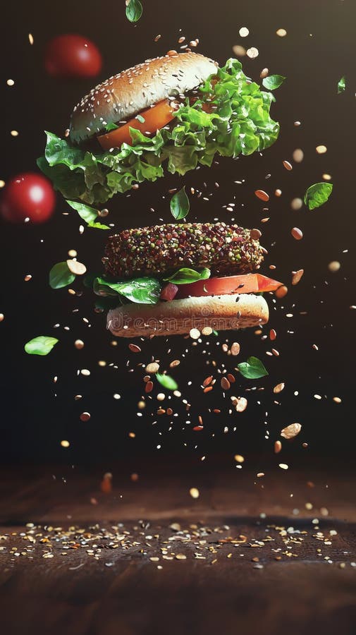 Floating Vegan Burger Flying Ingredients Dark Background Stock Photos ...
