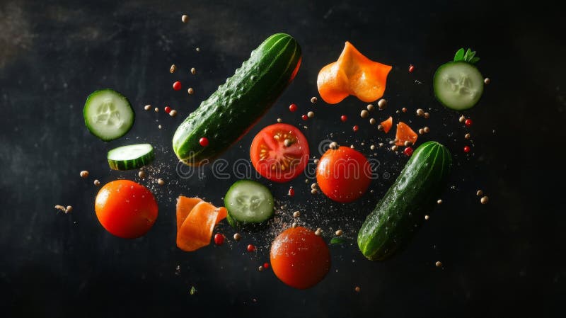 Floating Vegetables Against Dark Background Stock Illustration ...