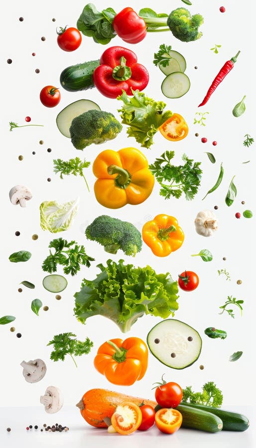 Floating Vegetables Levitating Produce Falling Gracefully on a Pristine ...