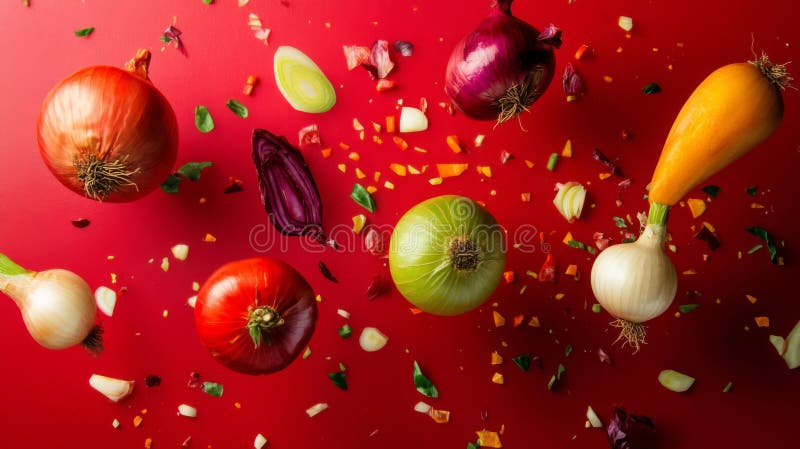 Floating Vegetables on Red Background Stock Illustration - Illustration ...