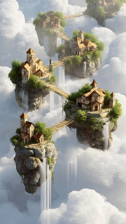 Floating Village in the Sky - Fantasy Island Archipelago Stock ...