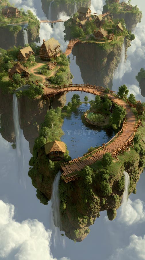 Floating Village in the Sky - Fantasy Island Archipelago Stock ...