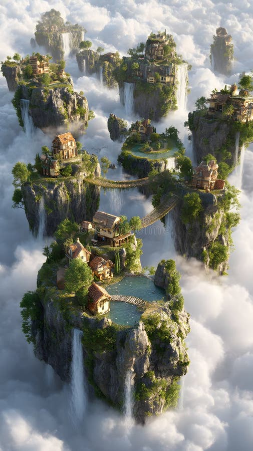 Floating Village in the Sky - Fantasy Island Archipelago Stock ...
