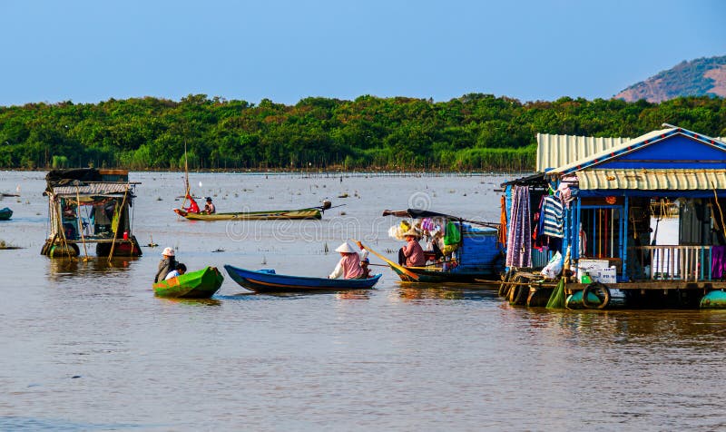 People Gather To Chat in Their Sampans, Tonle Sap, Siem Reap, Cambodia ...