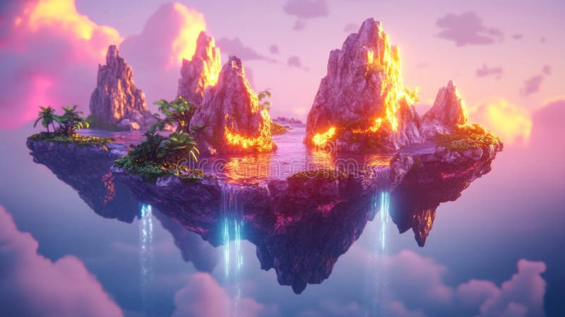 Floating Volcanic Island at Sunset Stock Illustration - Illustration of ...