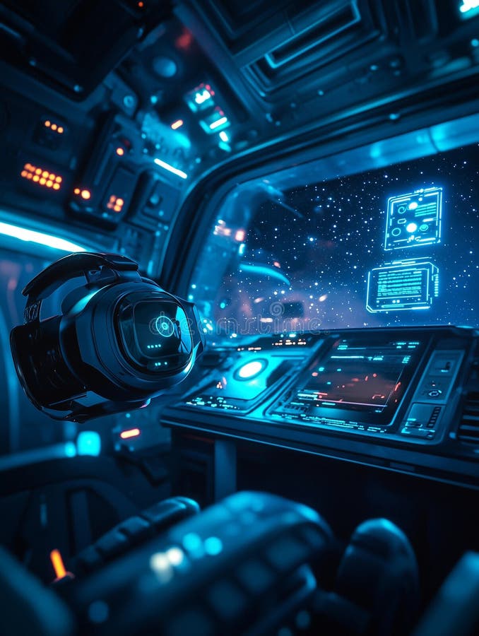 Floating VR Headset in Zero Gravity Inside a Futuristic Spacecraft ...