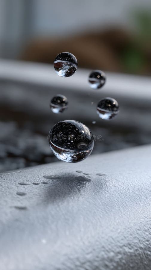 Floating Water Droplets Above Wet Surface Reflecting Light and Creating ...