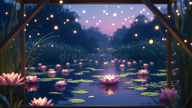 Magical Night Scene: Pink Lotus Flowers Blooming in a Serene Pond Under ...