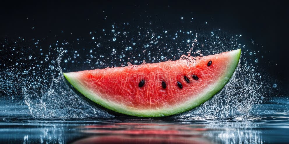 Floating Watermelon Slice with Dramatic Splashing Water and Lighting ...