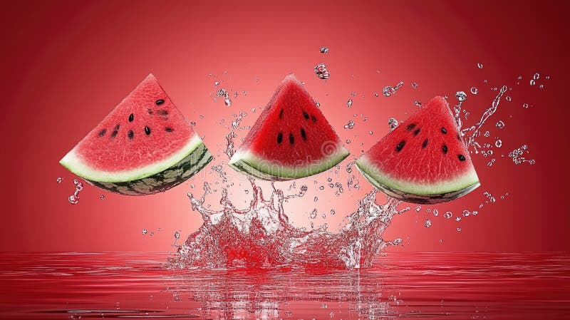 Floating Watermelon Slices Splashing in Vibrant Red Water Scene Stock ...