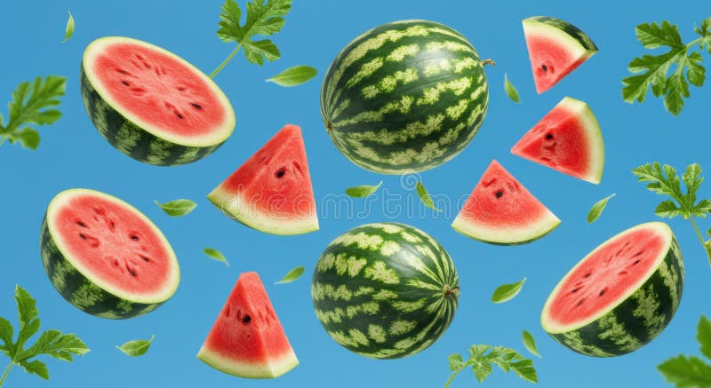 Floating Watermelon Slices and Whole Fruit on Blue Background Stock ...