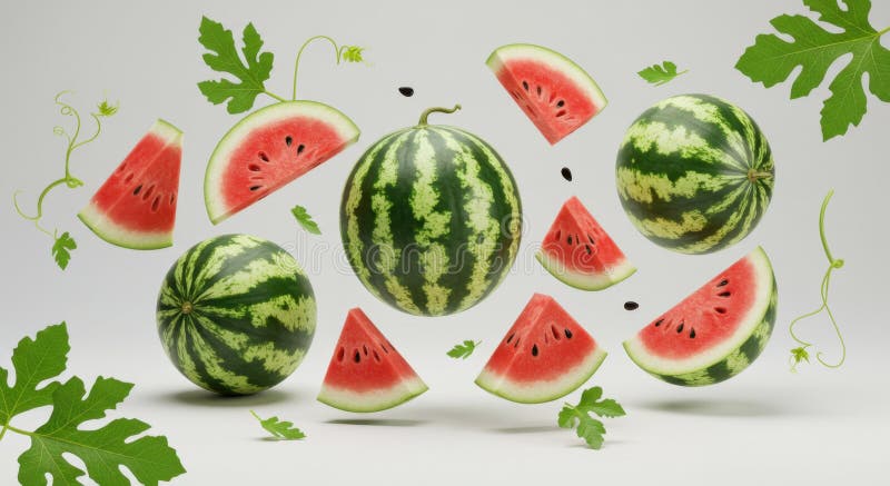 Floating Watermelon Slices and Whole Fruit on White Background Stock ...