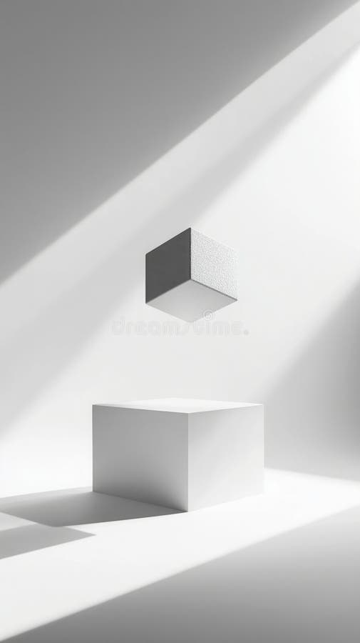 Floating White Cube in Bright Minimal Space with Strong Angled Light ...