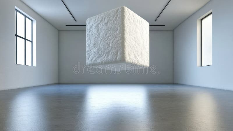 Floating White Cube in a Minimalist Gallery Space, Creating a Surreal ...