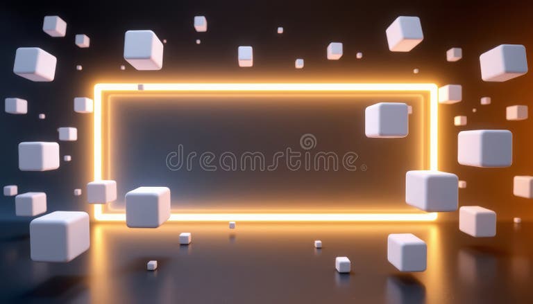 Floating White Cube Shapes Orbiting Glowing Rectangular Frame in Dark ...