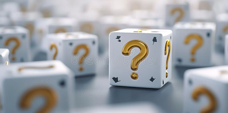 Floating White Cubes and Gold Cubes with Question Marks on Black ...