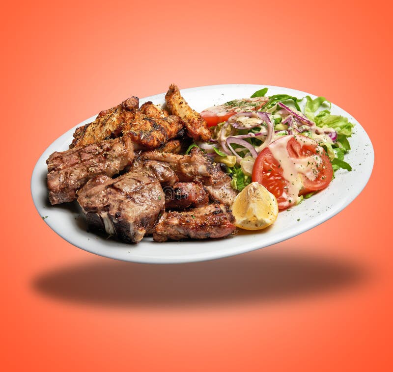 Floating White Plate with Mixed Meat Grilled and Salad Stock Image ...
