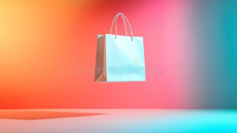 Floating White Shopping Bag on Gradient Orange and Blue Studio ...