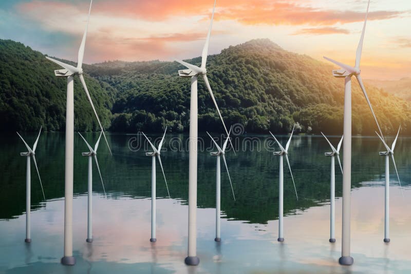 Floating Wind Turbines Installed in Water Near Mountains. Alternative ...