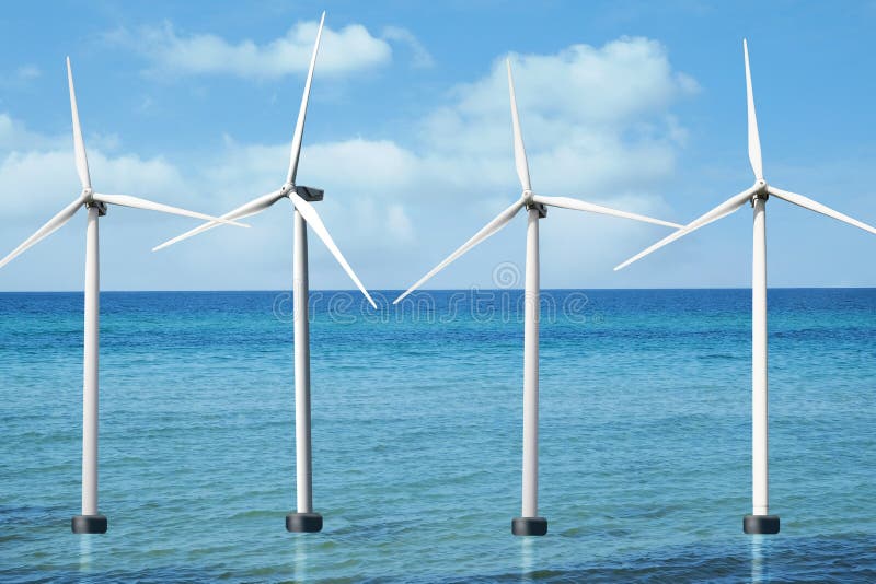 Floating Wind Turbines Installed in Water Under Blue Sky. Alternative ...