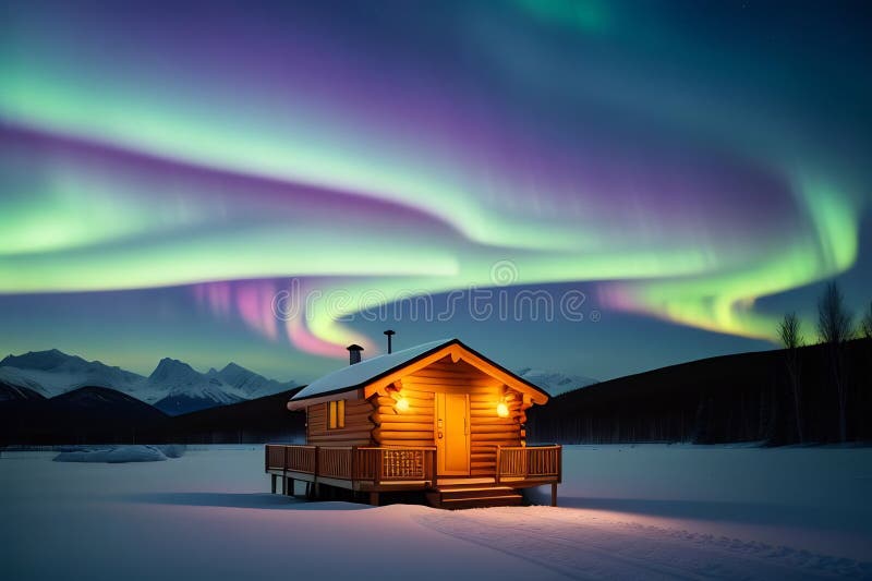 Floating Winter Cabin stock illustration. Illustration of neon - 366807004