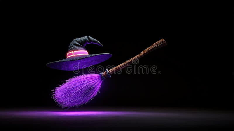A Floating Witch Hat and Broom on a Dark Background with a Mystical ...