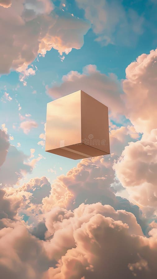 Floating Wooden Cube in a Cloud-filled Sky, Surreal Concept Stock Image - Image of airy ...