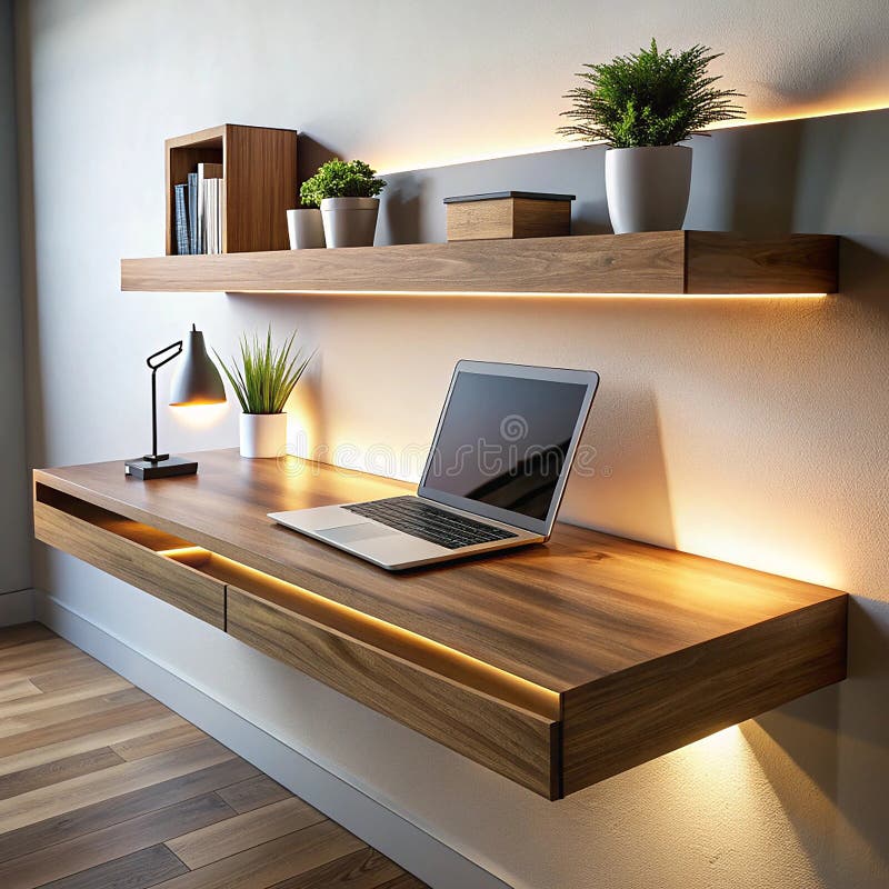 Floating Wooden Shelf Desk with Hidden Compartment and LED Lighting ...