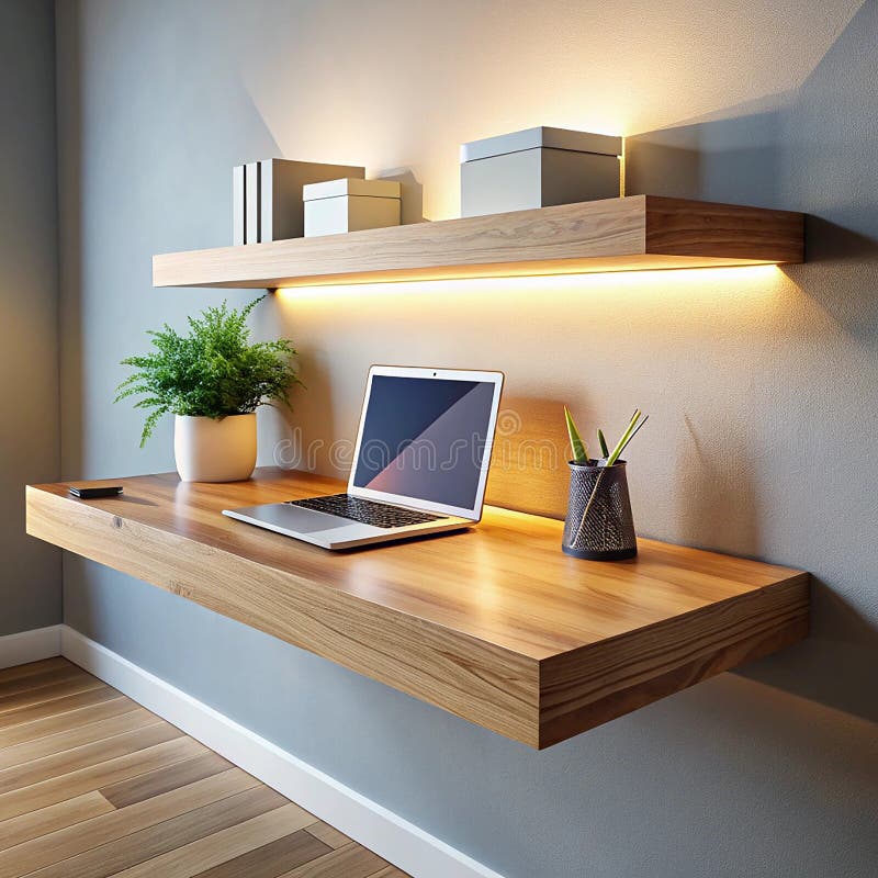 Floating Wooden Shelf Desk with Hidden Compartment and LED Lighting ...