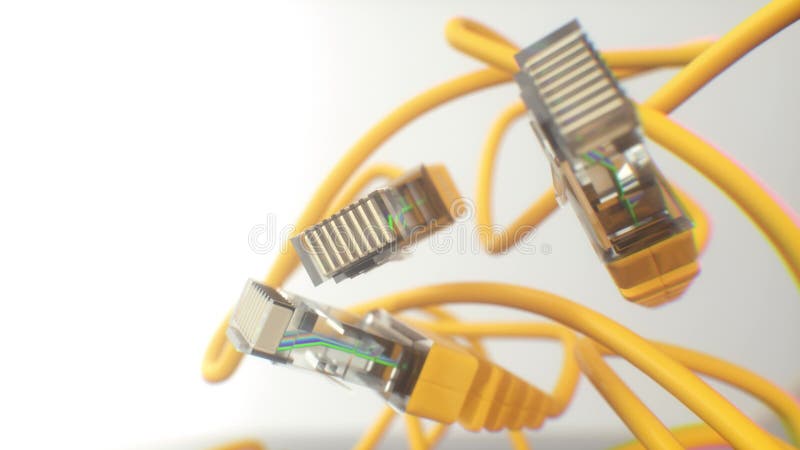 Floating Yellow Ethernet Cables with Clear RJ-45 Connectors on White ...