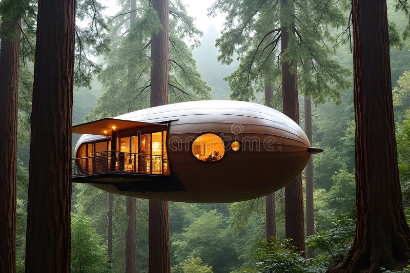 A Floating Zeppelin-style Tiny House Anchored between Ancient Redwood ...