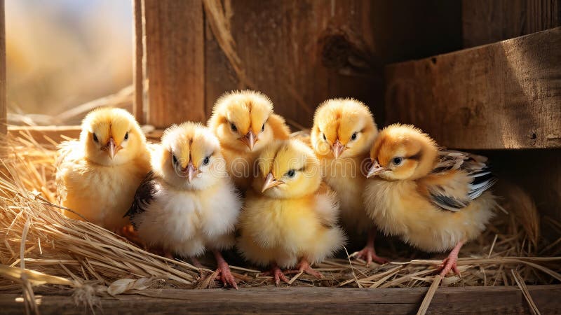 Flock of Baby Chicks in a Rustic Farm Setting with Warm Morning Light ...