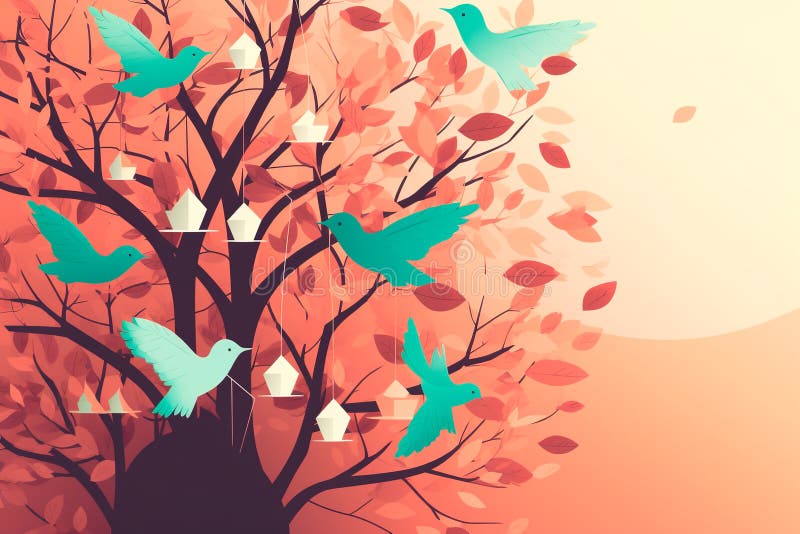 Flock of Birds on the Background of Tree with Bird Feeders. Spring ...