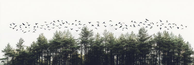 Creative Flock of Birds Transforming into a Ridge of Pine Trees in a ...