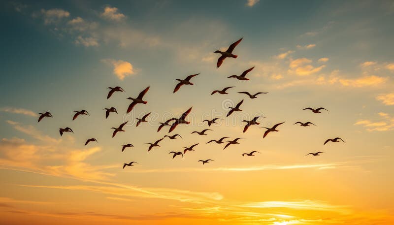 Flock of Birds in Flight at Sunset Stock Illustration - Illustration of ...