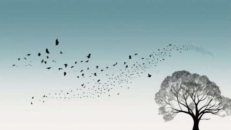A Flock of Birds Fly in Formation Over a Tree Stock Illustration ...