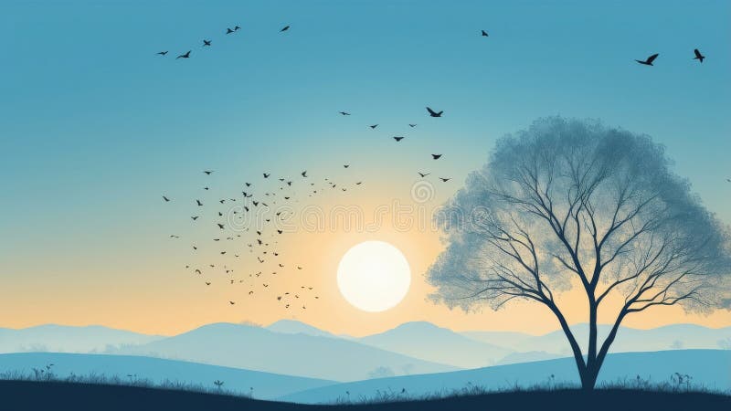 A Flock of Birds Fly Over a Tree and a Sunrise in the Distance Stock ...