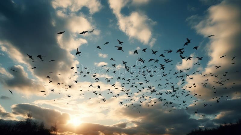 A Flock of Birds Flying Across a Blue Sky with Clouds Created with ...