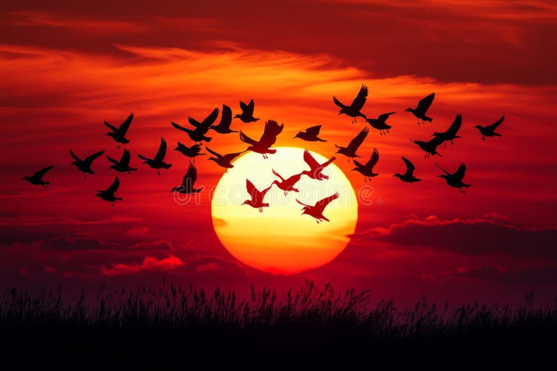 Flock of Birds Flying Across Vibrant Orange Setting Sun Over a Field ...