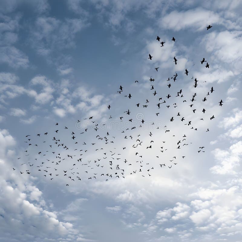 Flock of Birds Flying Against a Cloudy Sky during Migration Stock ...