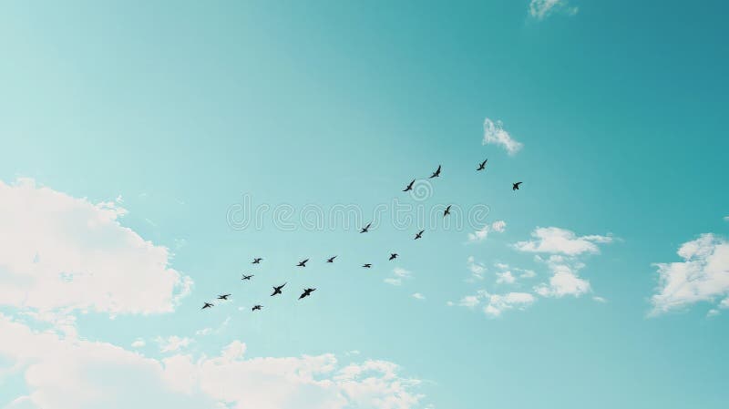 Flock of Birds Flying in a Clear Blue Sky with Fluffy White Clouds ...
